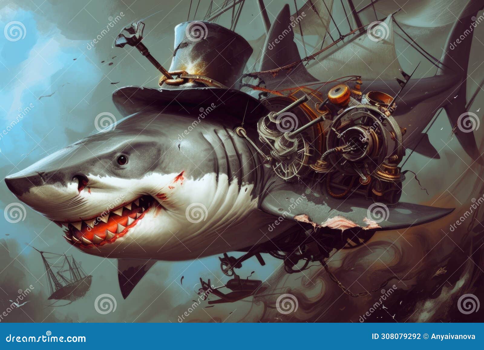 A Shark Wearing a Top Hat with a Steam Engine on it, Surreal ...