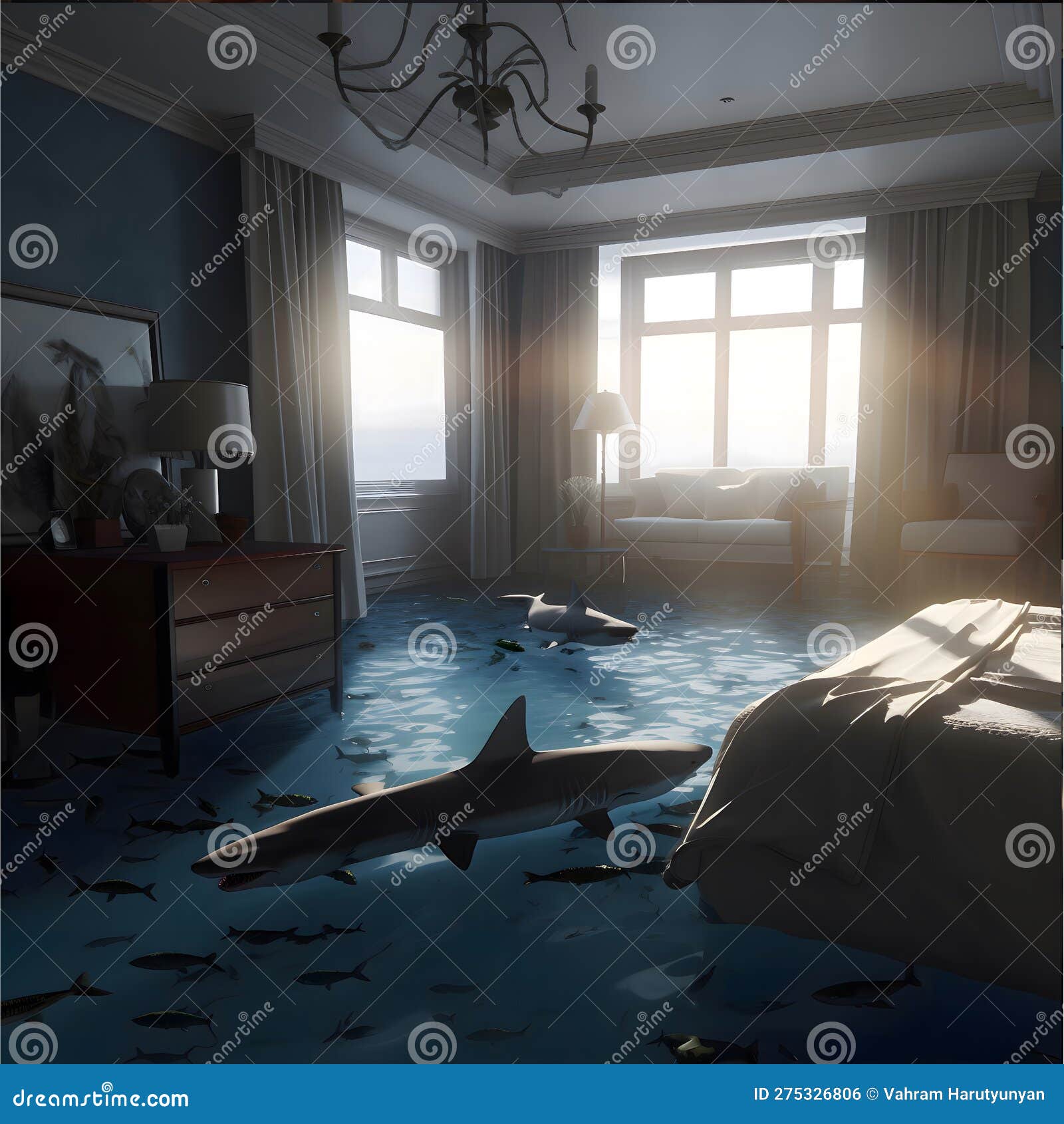 Sharks in the room stock illustration. Illustration of wall - 275326806