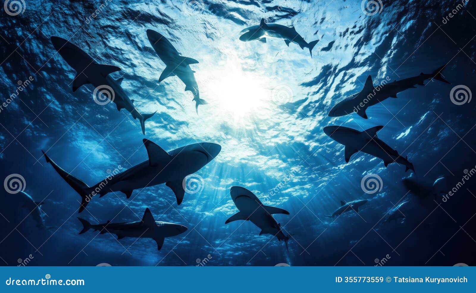 Sharks Swimming Underwater, Sunlight Filtering through Water Surface ...