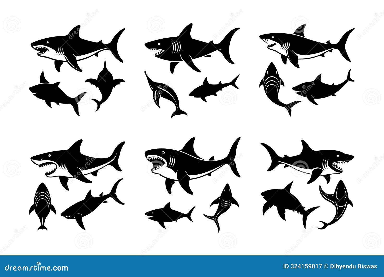Sharks in Various Poses and Species Stock Vector - Illustration of ...