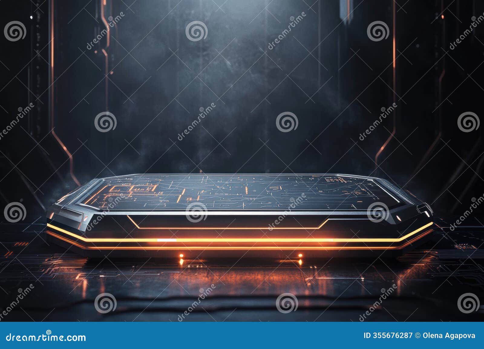 A Sharp, Angular Metallic Podium with Glowing LED Circuits Set Against ...