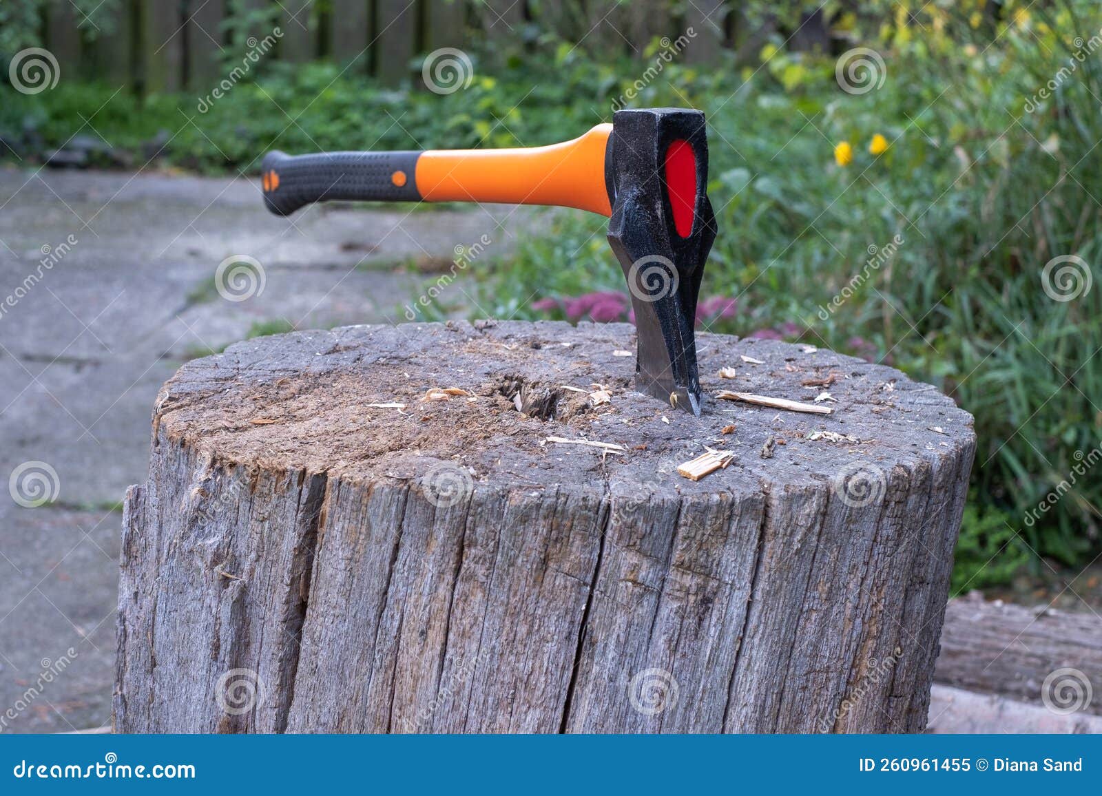 An Ax Inserted in Log in the Backyard. Close Up. Stock Image - Image of ...