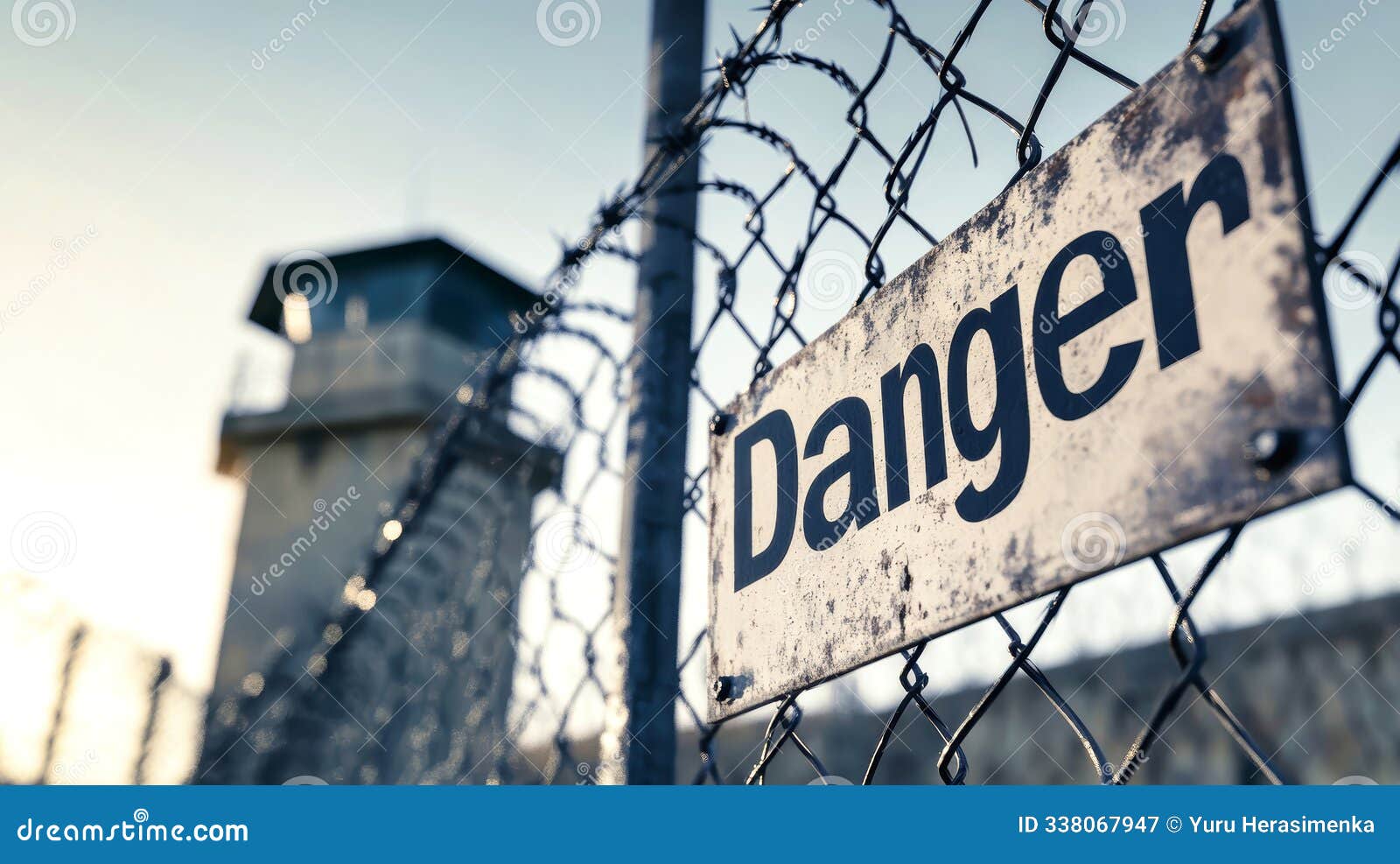 A Sharp Barbed Wire Fence Surrounds a Prison Tower with a Warning Sign ...