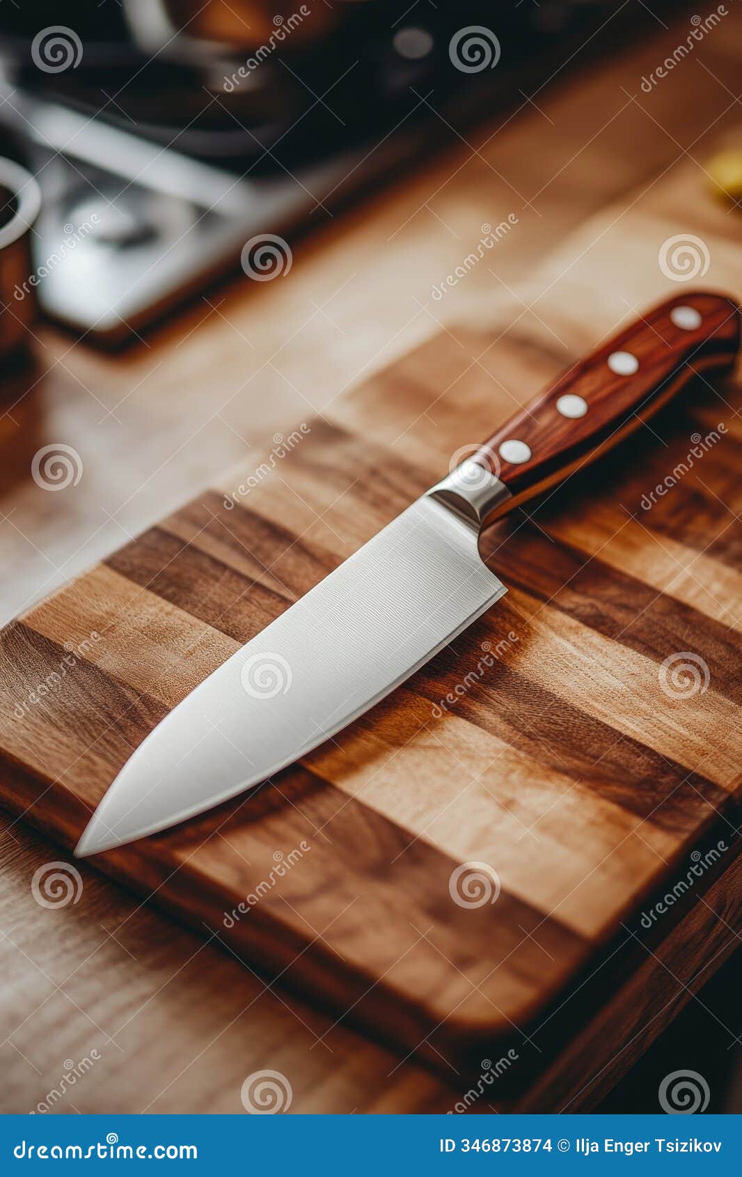 Sharp Chefs Knife on Rustic Butcher Block Cutting Board, Kitchen ...