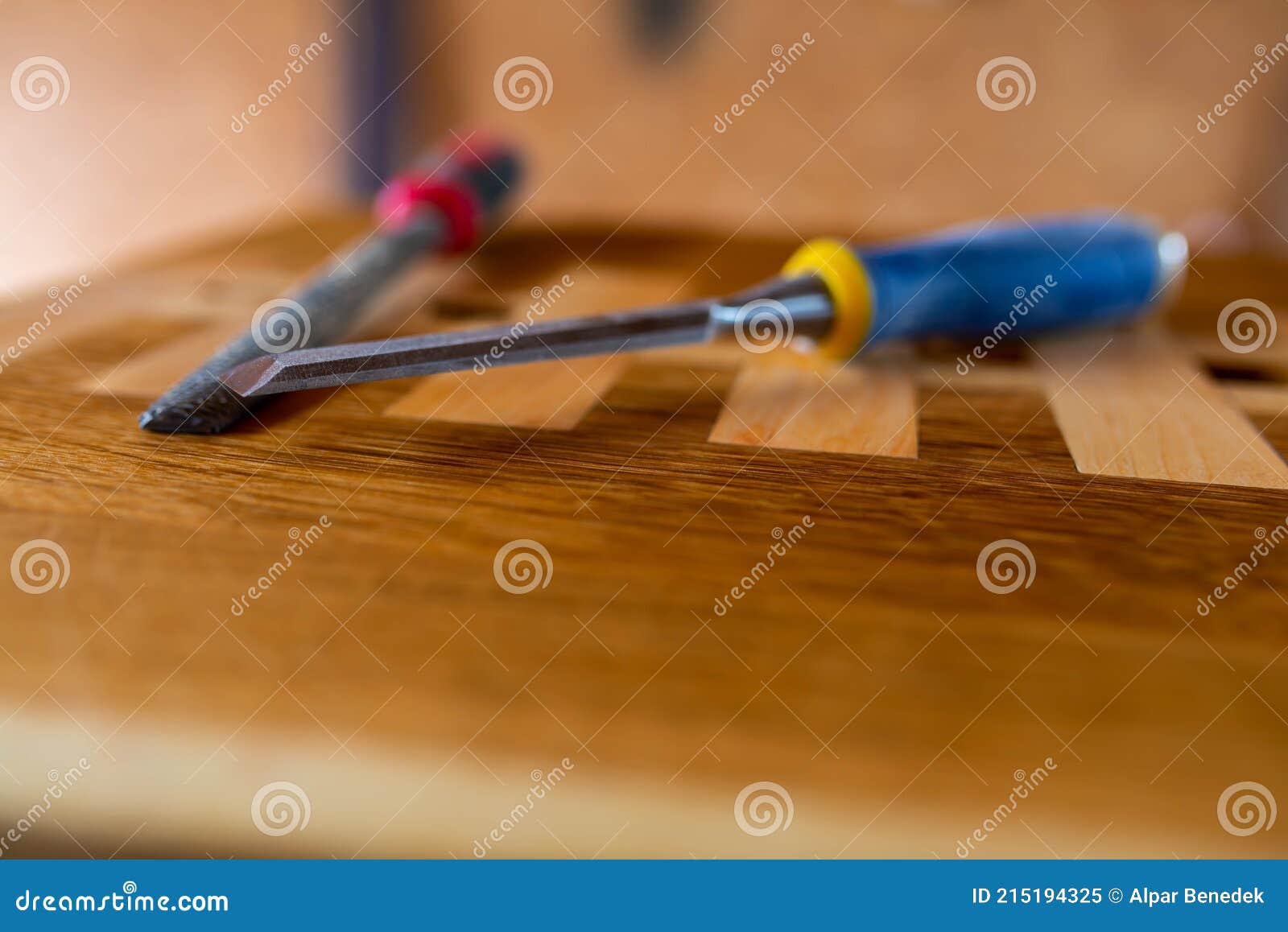 Sharp Chisel and Rasp on Hand Crafted Oak Live Edge Tabletop Stock ...