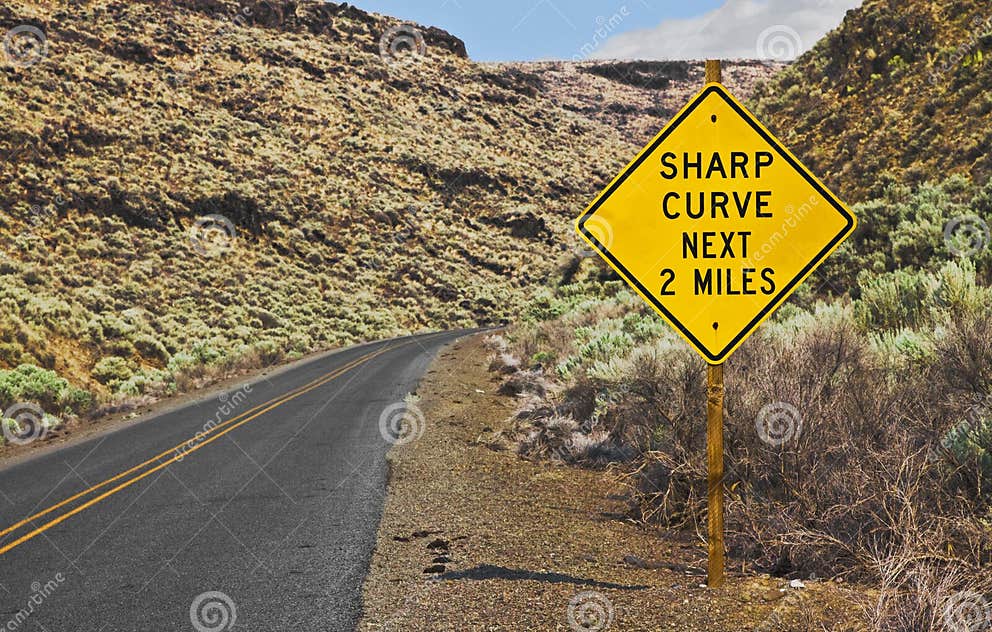 Sharp Curve Next 2 Miles Sign Stock Image - Image of desert, sign: 33357395