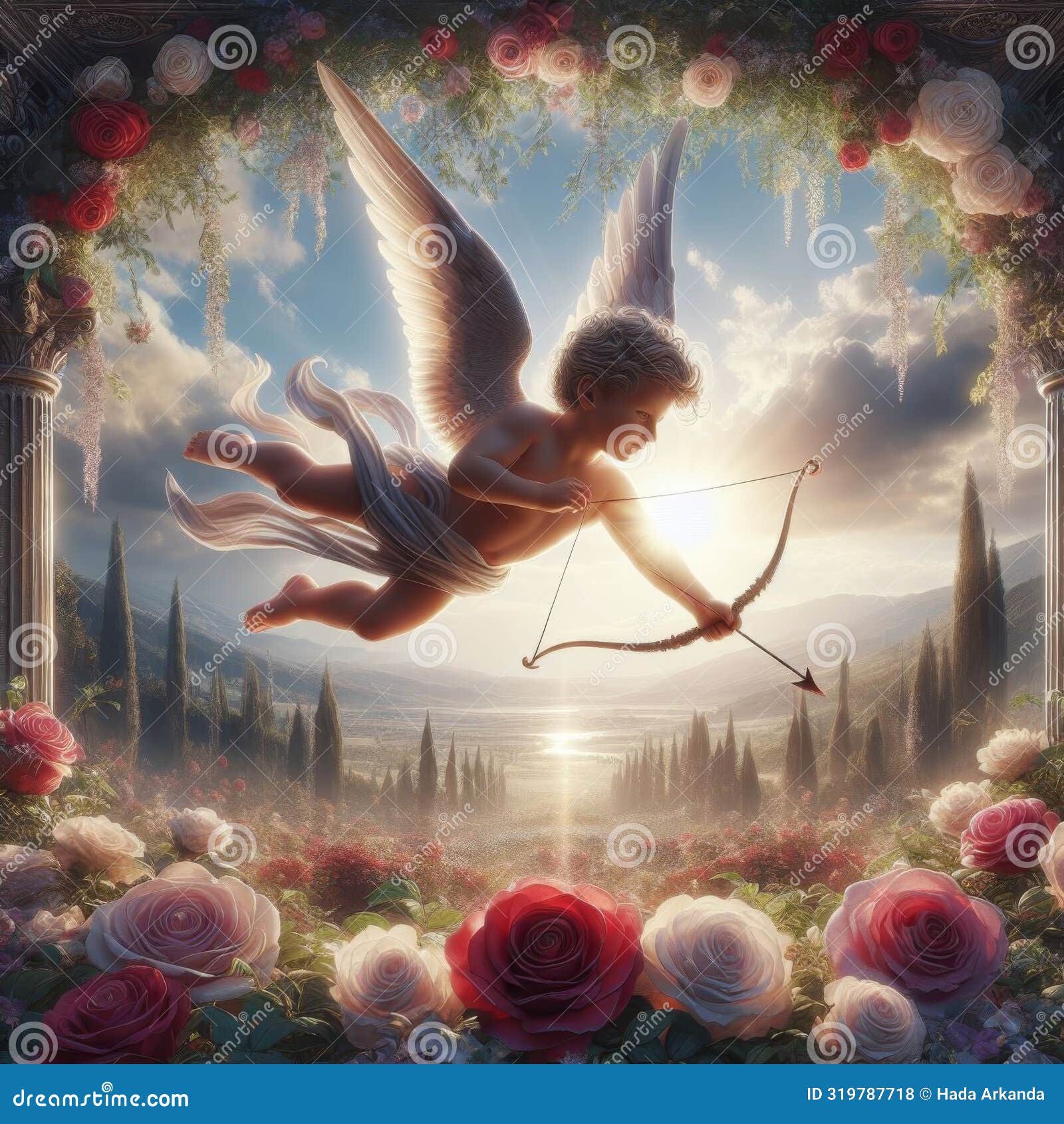 A Sharp, Detailed Image of Cupid, the God of Love, Flying Above a ...