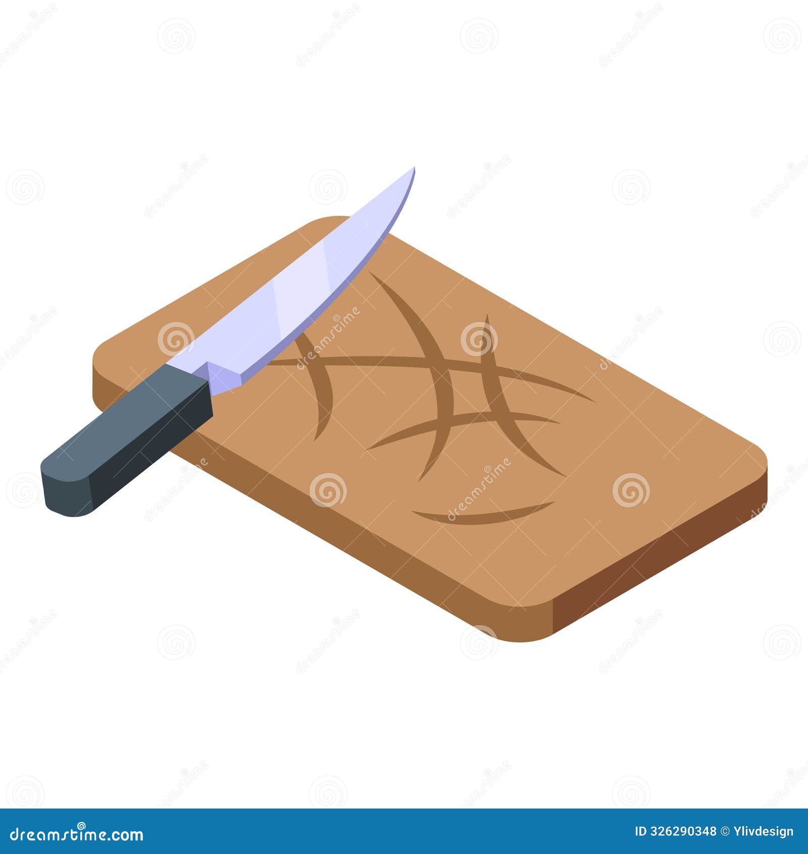 Sharp Knife Lying on Wooden Cutting Board with Cut Marks Isometric 3d ...
