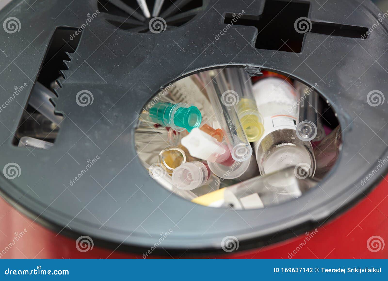 Sharp Objects in Red Container for Biohazard in Operating Room Stock ...