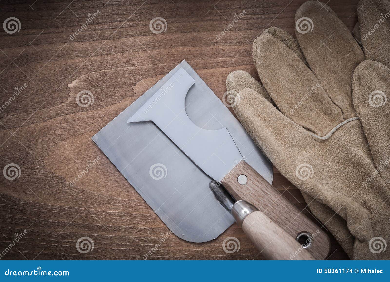 Sharp Paint Scraper Bricklaying Trowel and Leather Safety Gloves Stock ...
