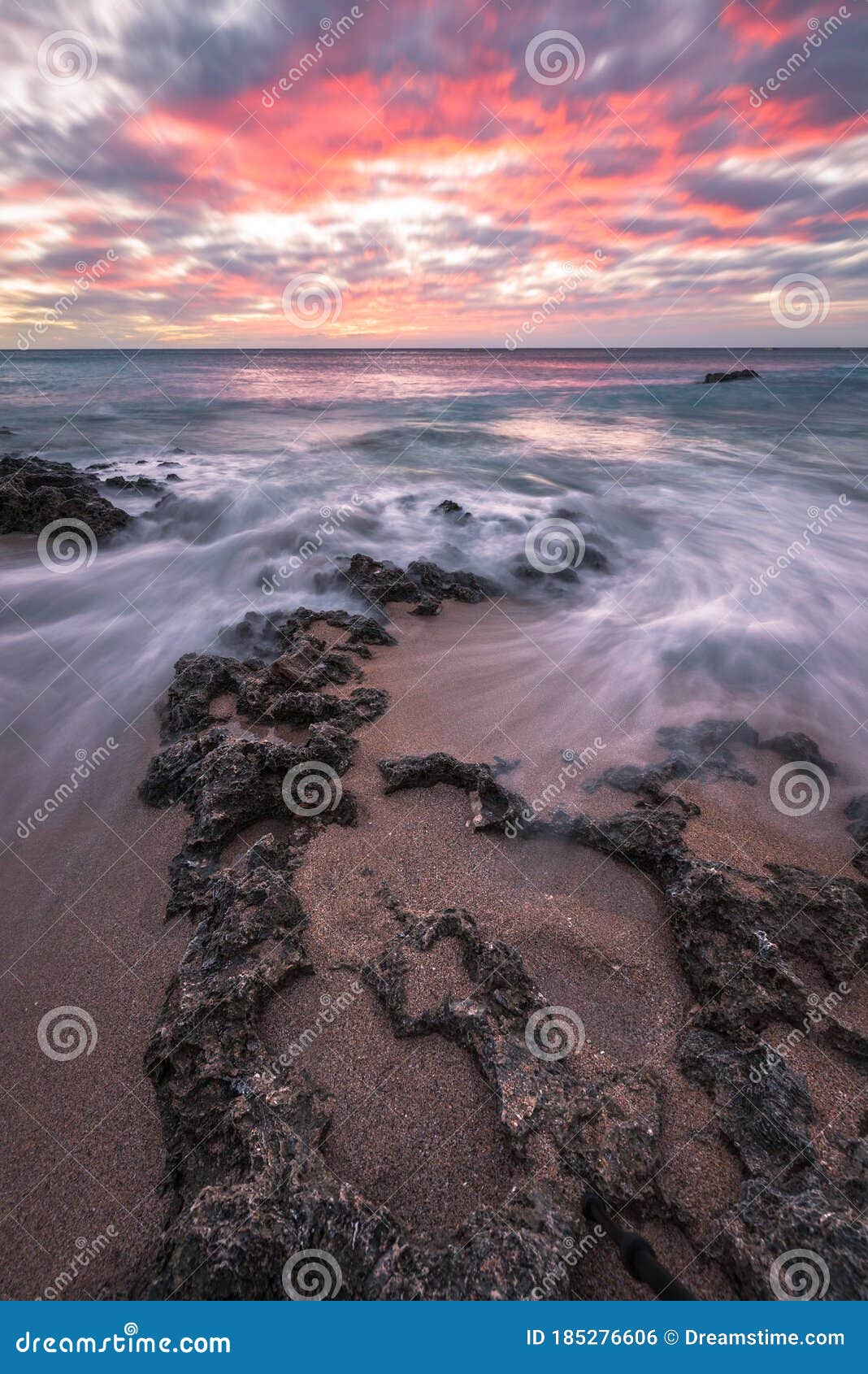 Sharp Pink Sunset Over Water Movements on Beach Rocks in Kenting ...