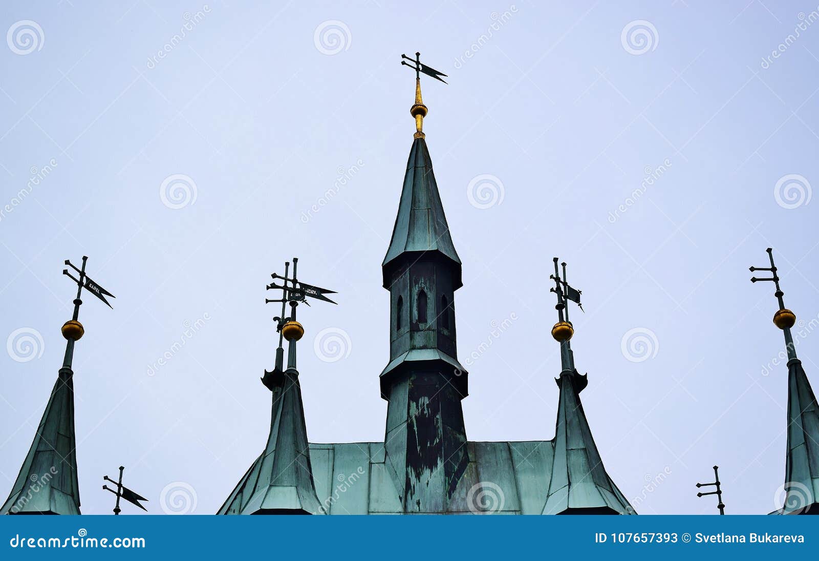 Sharp Pyramids on High Towers of Houses in Prague. Stock Image - Image ...