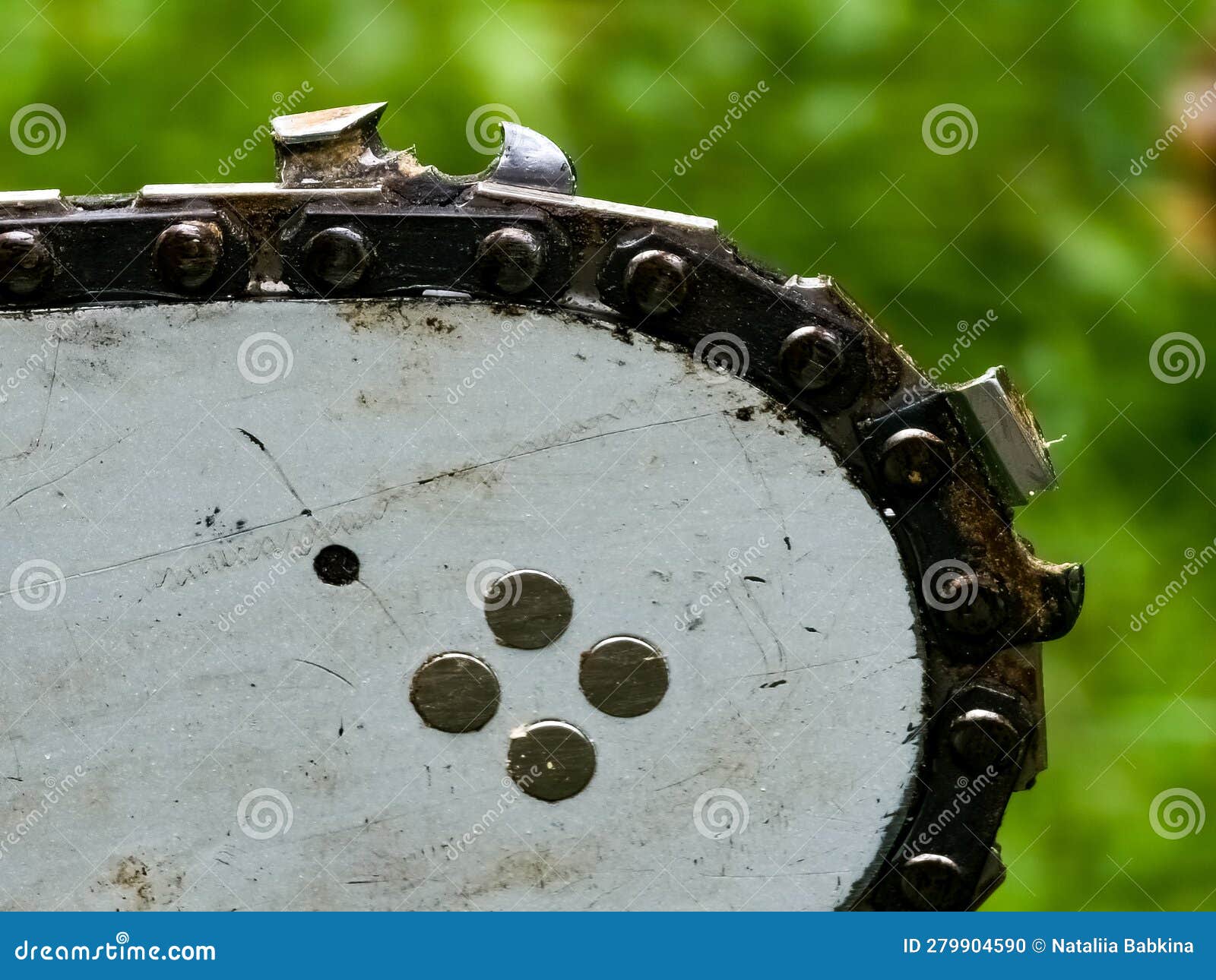 Sharpened Sharp Teeth of an Electric Saw Chain on a Blurred Green ...