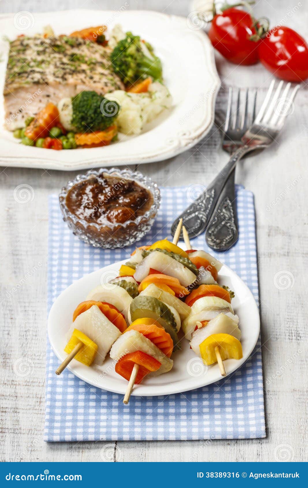 Shashlik Made of Fish and Vegetables Stock Photo - Image of meal ...
