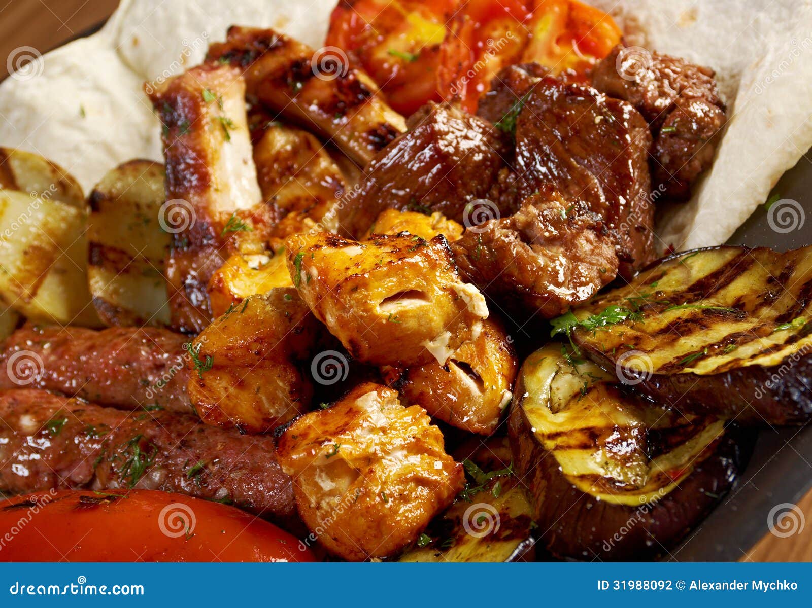 Shashlik (shish Kebab). Various Types Mat Roasted Stock Photo - Image ...