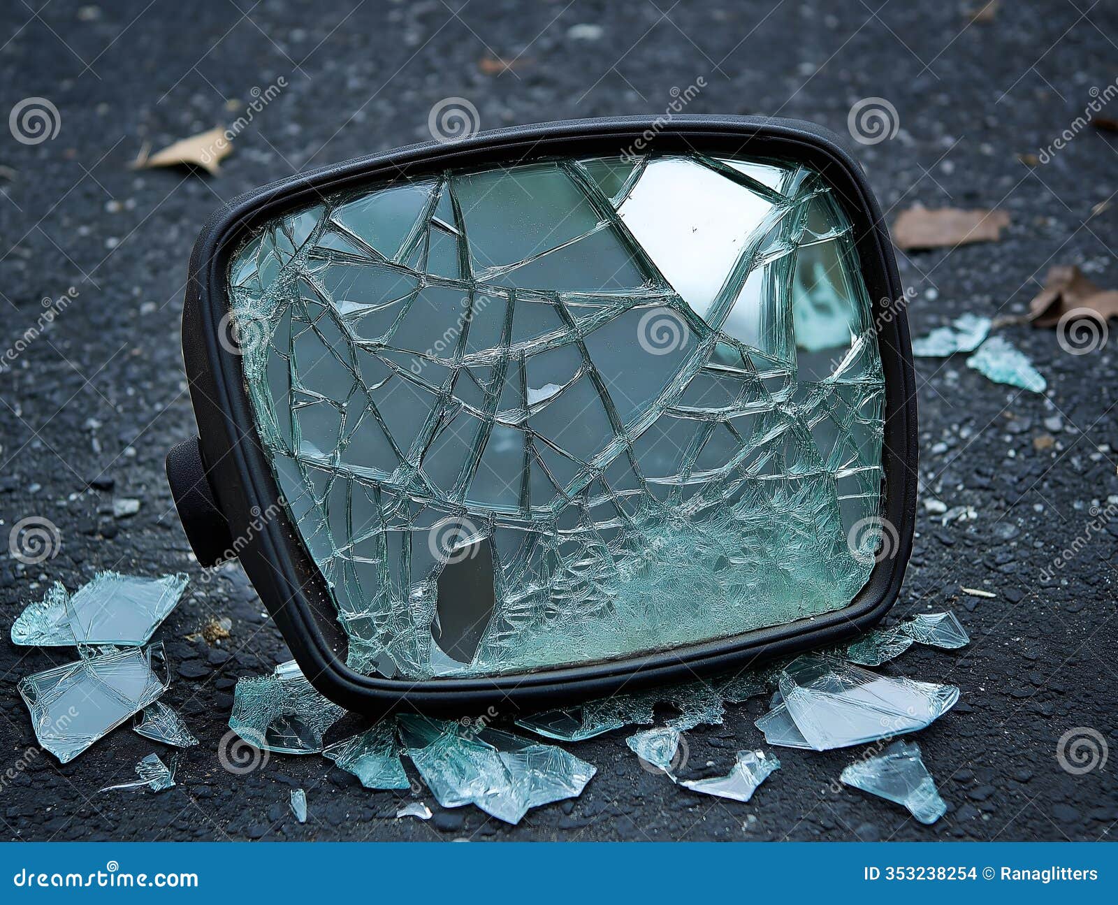 Shattered Car Mirror on Dark Asphalt, a Symbol of Damage Stock ...