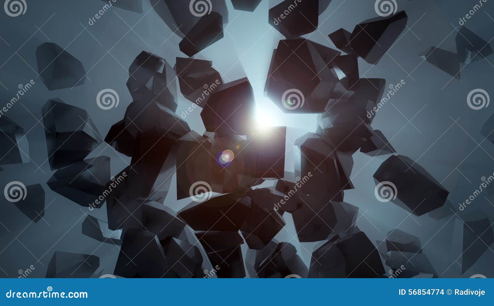Shattered Dark Stone in Empty Space Revealing Blue Light Stock Photo ...