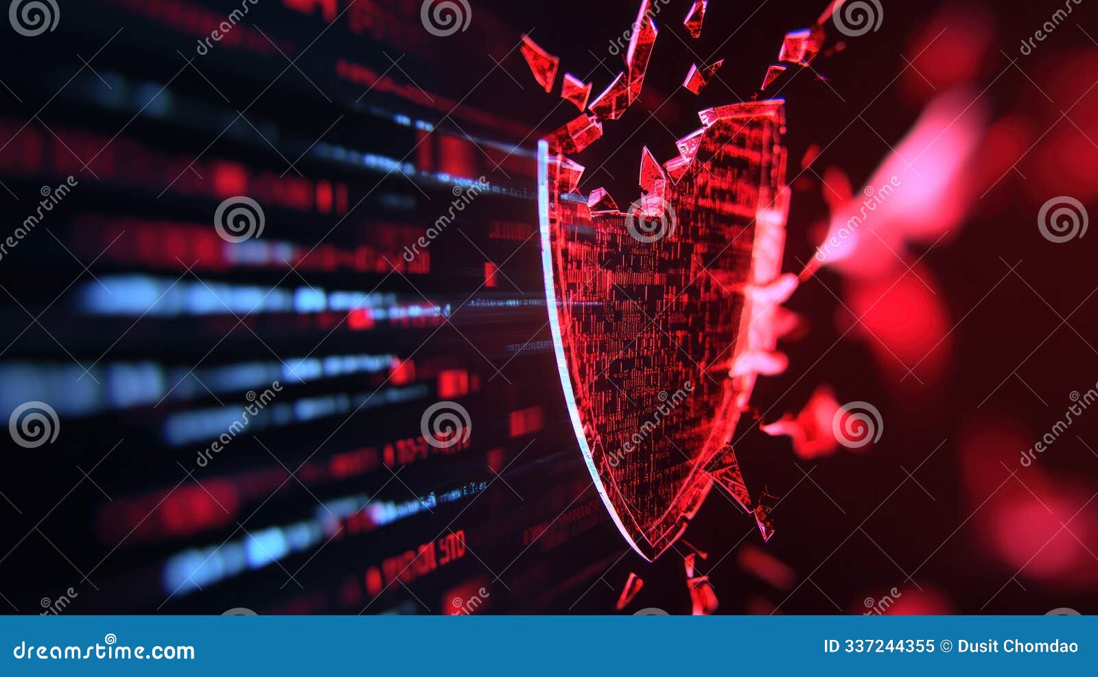 A Shattered Digital Shield with Bright Red Cracks Symbolizes Vulnerability in Cybersecurity ...