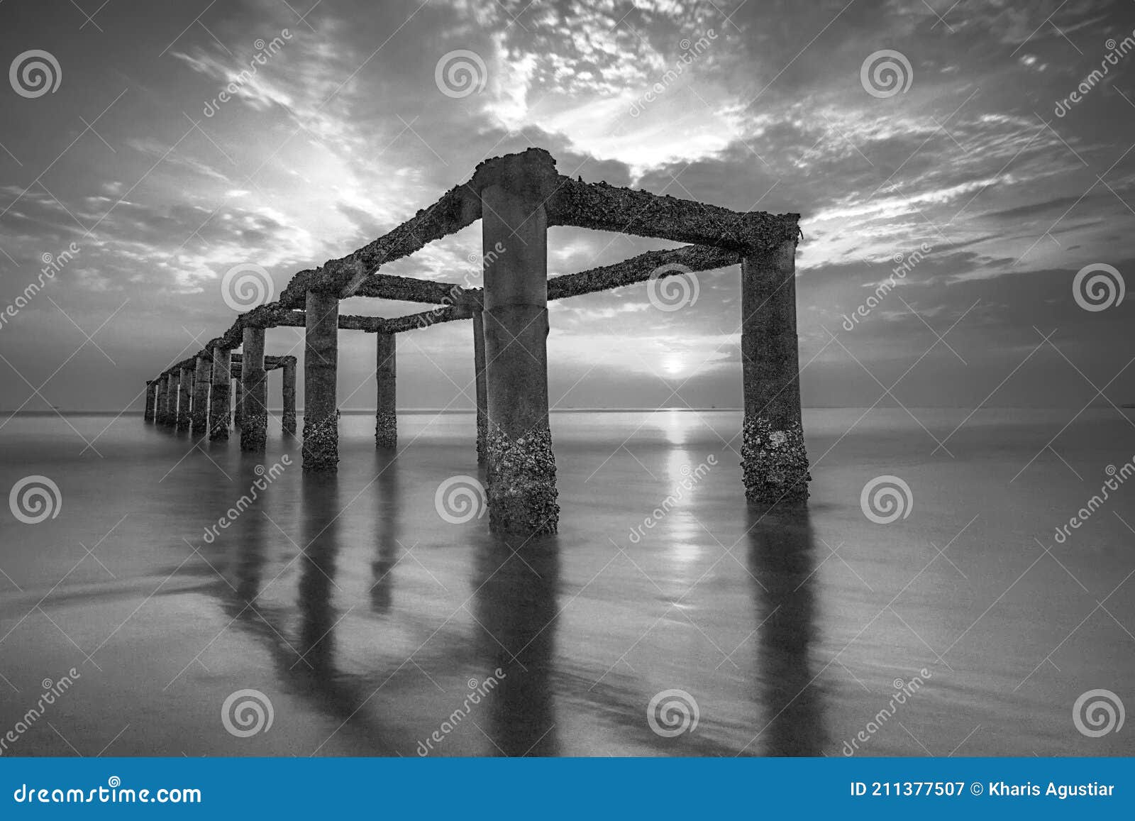 Shattered Dock on the Coast of Darkness Black and White Stock Image ...