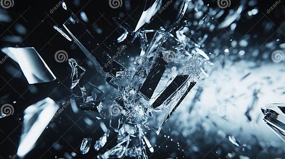 Shattered Glass Exploding in Sharp Fragments on Dark Background Stock ...