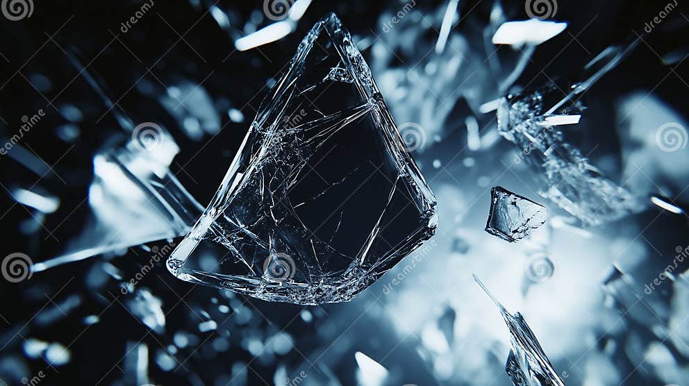 Shattered Glass Exploding in Sharp Fragments on Dark Background Stock ...