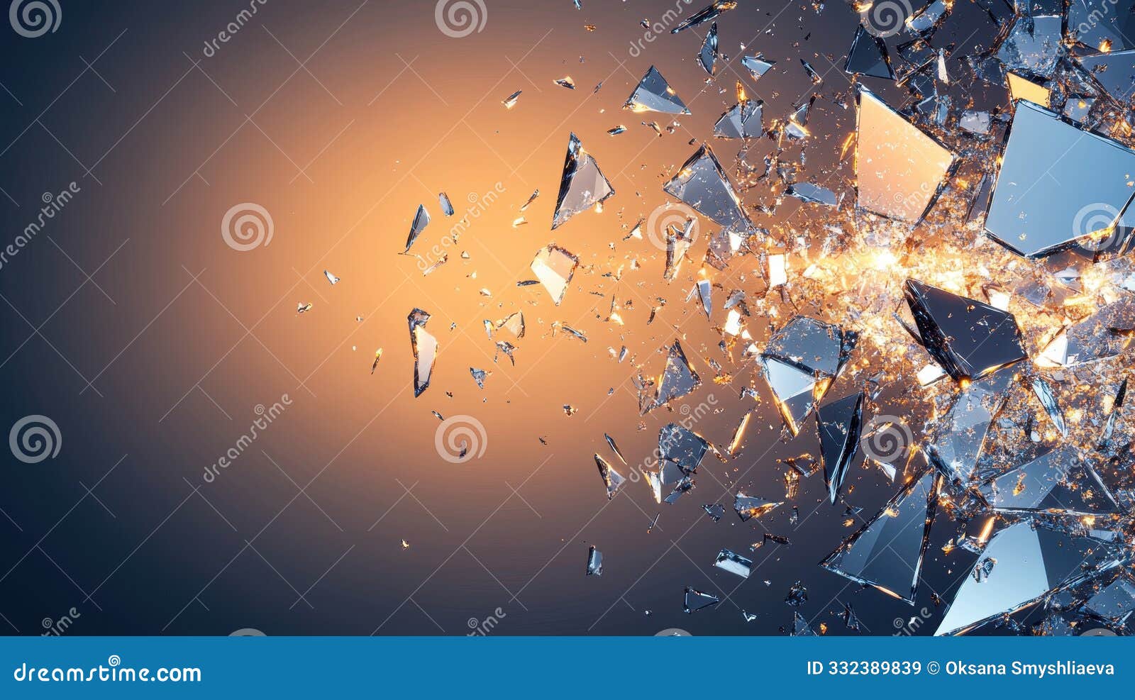 Shattered Glass Explosion with Sparkling Fragments on Orange Background ...