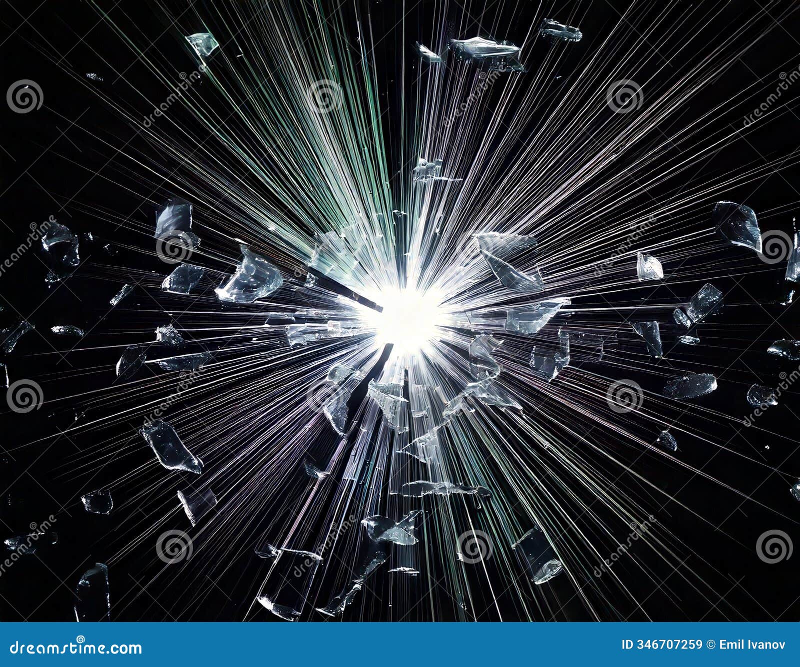 Shattered Glass Pieces Exploding from Bright Light Source on Black ...