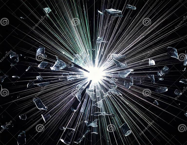 Shattered Glass Pieces Exploding from Bright Light Source on Black ...