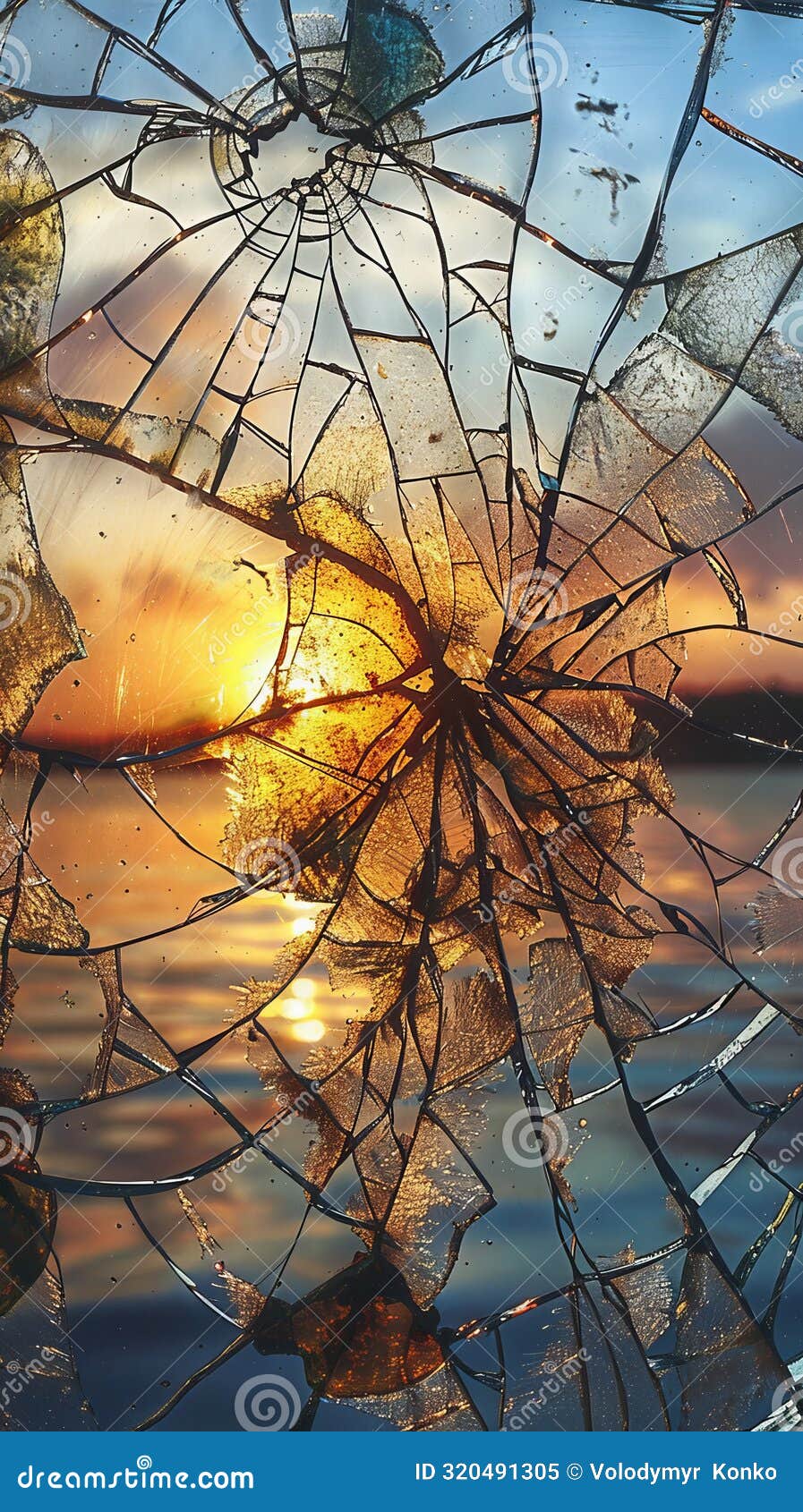 Shattered Glass with Sunset Reflection Over Water Stock Image - Image ...