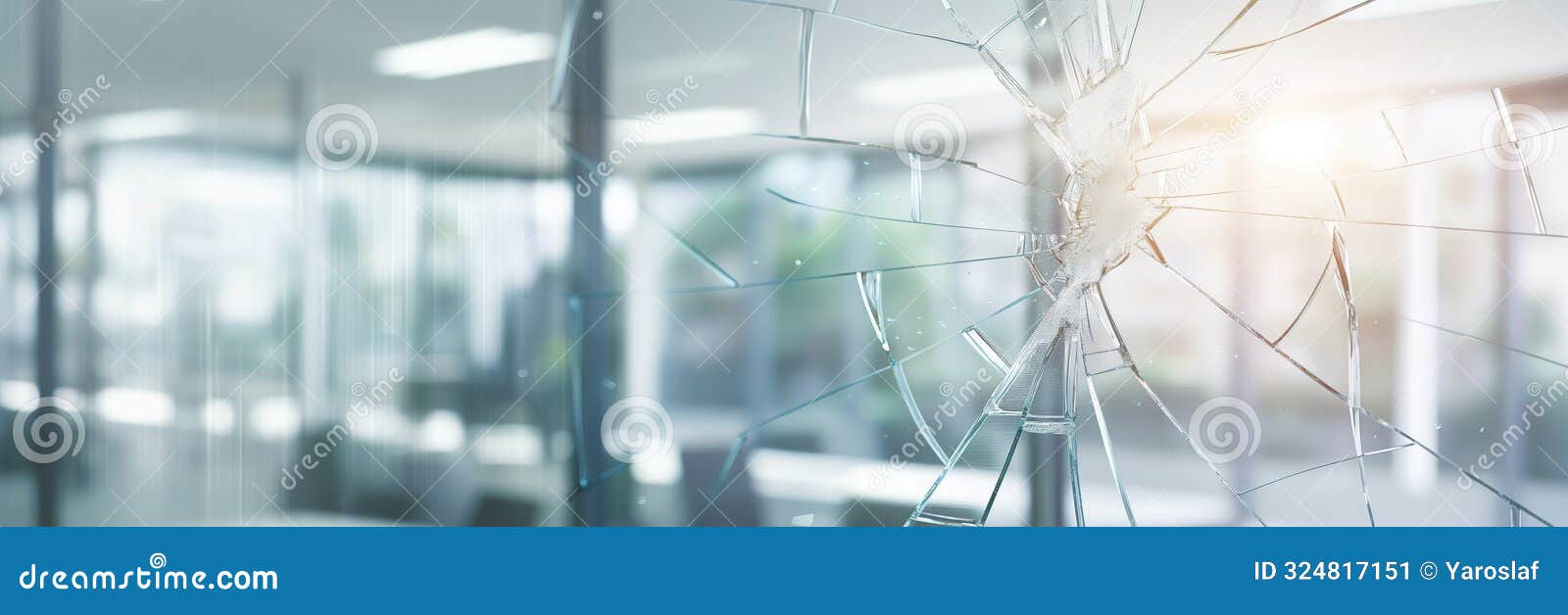 Shattered Glass Window with a View of an Office Interior. Sunlight ...