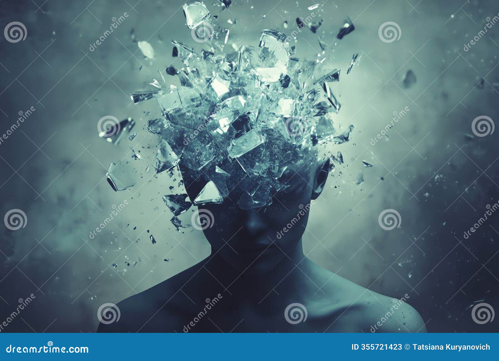 Shattered Mind Concept, Fragmented Glass Exploding from Head, Surreal ...