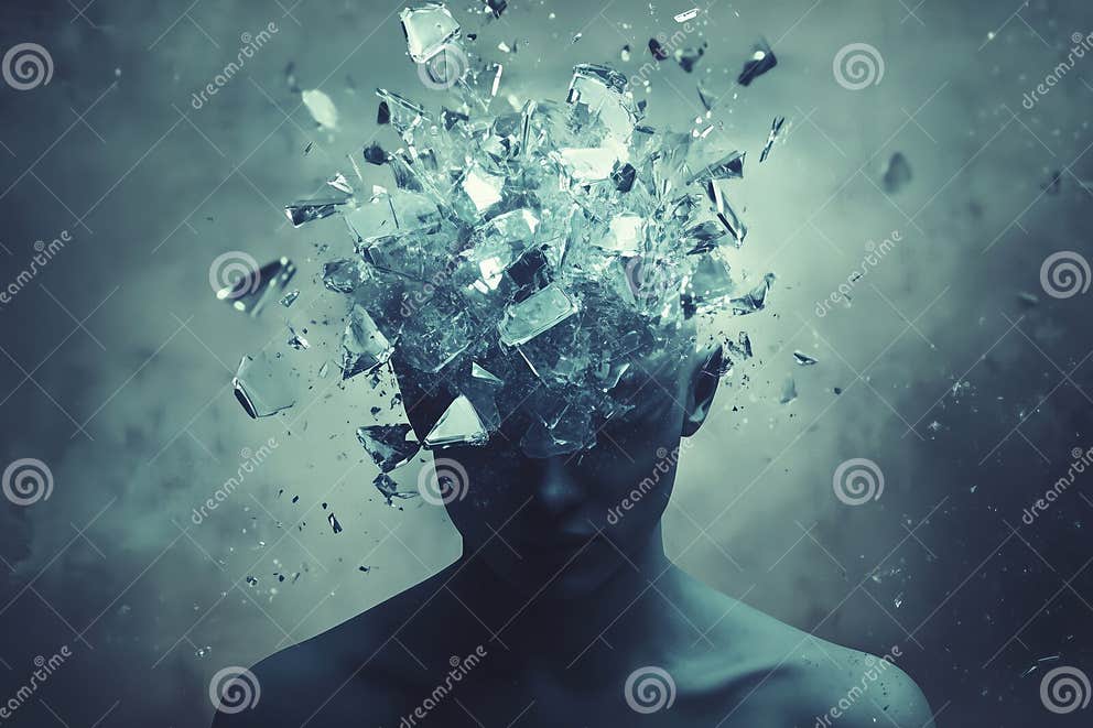 Shattered Mind Concept, Fragmented Glass Exploding from Head, Surreal ...