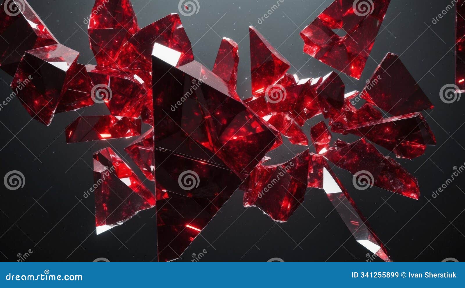 Shattered Red Crystals Floating in Dark Space with Sparkling ...
