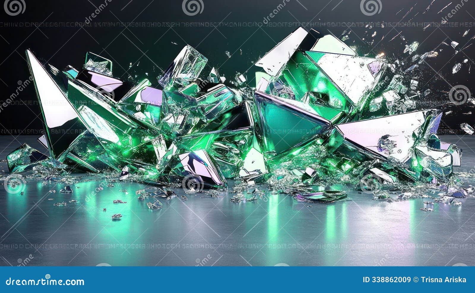 A Shattered, Reflective Crystal Structure with Green Lighting and Sharp ...