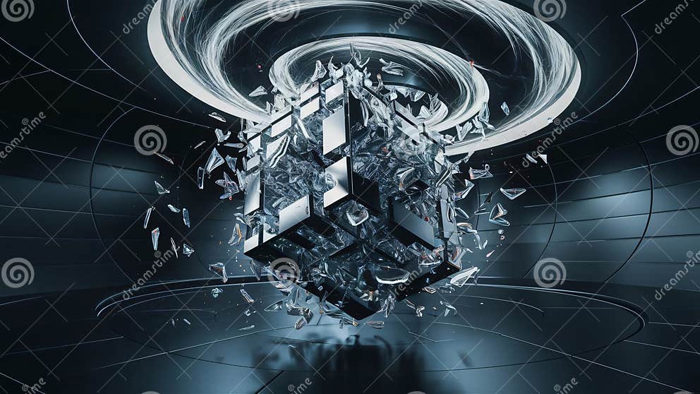 Shattering Cube, Abstract Futuristic 3D Render of High Quality Image Stock Illustration ...