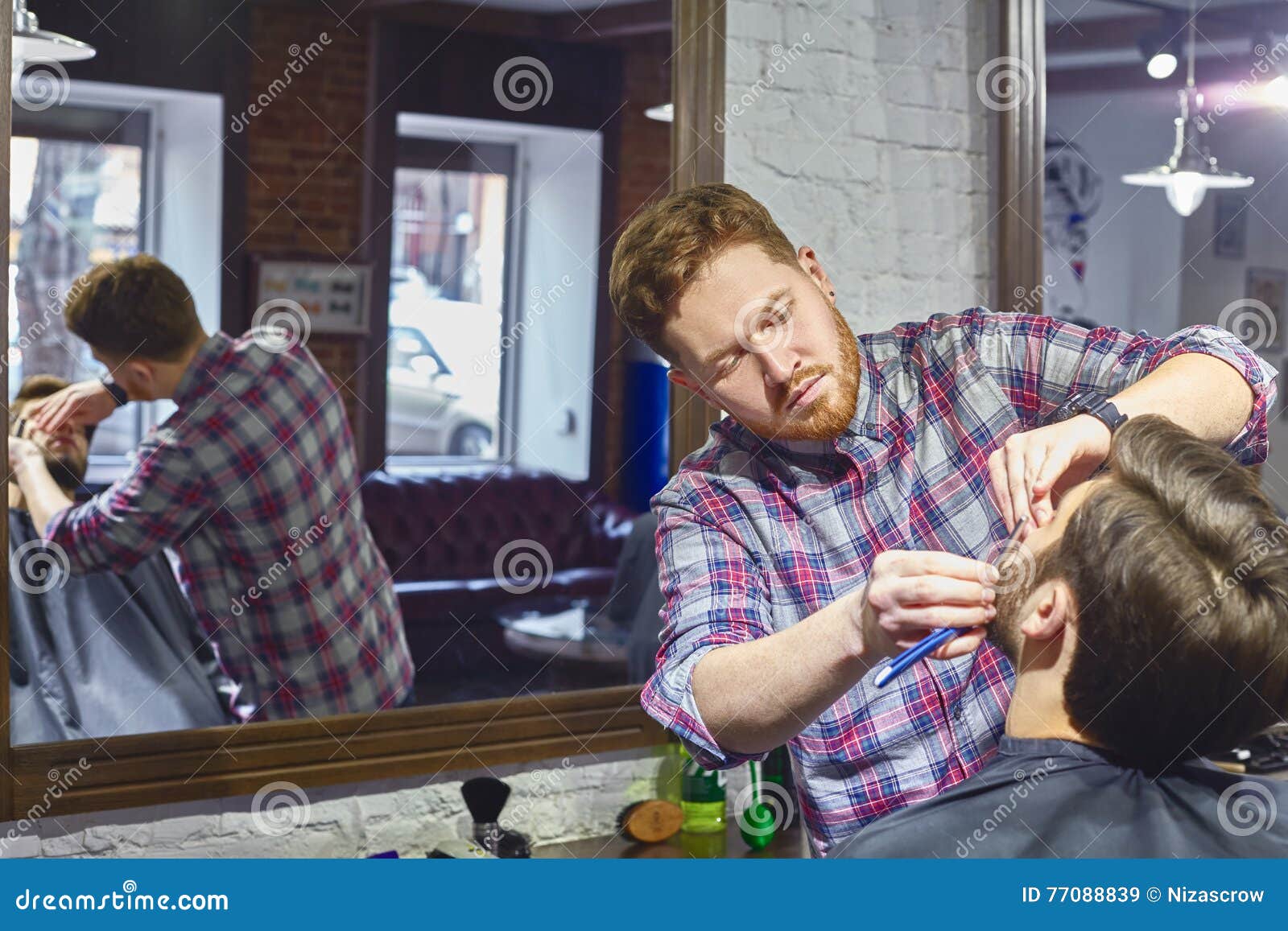 Shaving with a Straight Razor in the Barber Shop Stock Image - Image of ...