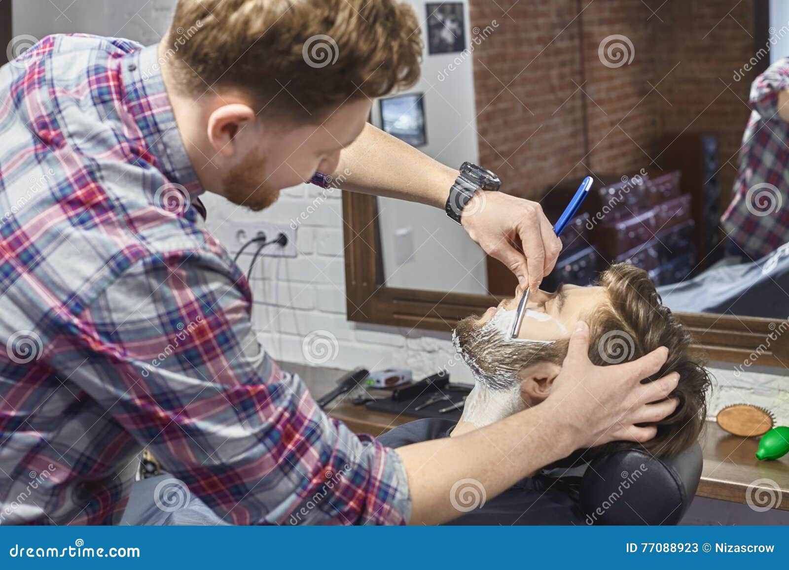 Shaving with Straight Razor in the Barber Shop Stock Image - Image of ...