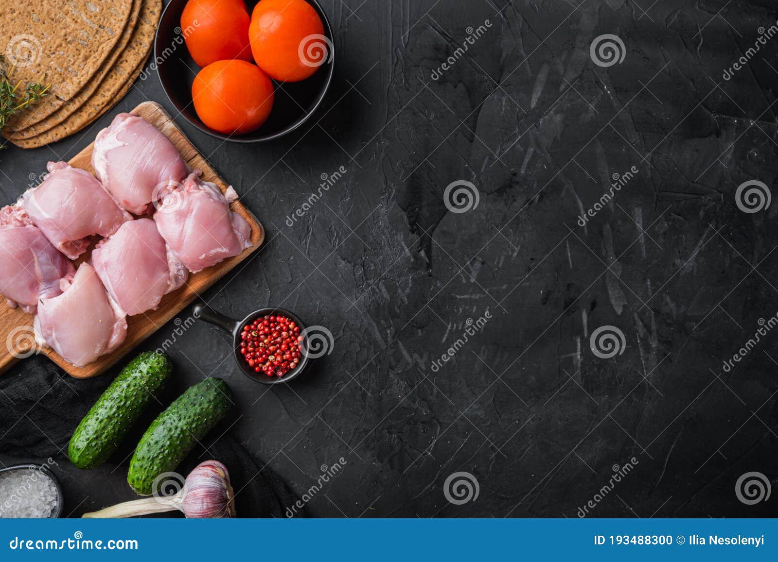 Shawarma Ingredients, Chicken Meat on Black Background, Flat Lay with ...