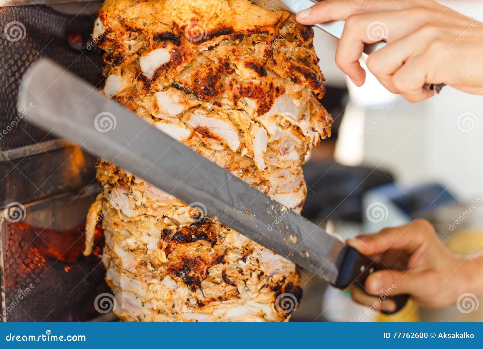 Shawarma meat being cut stock photo. Image of preparation - 77762600