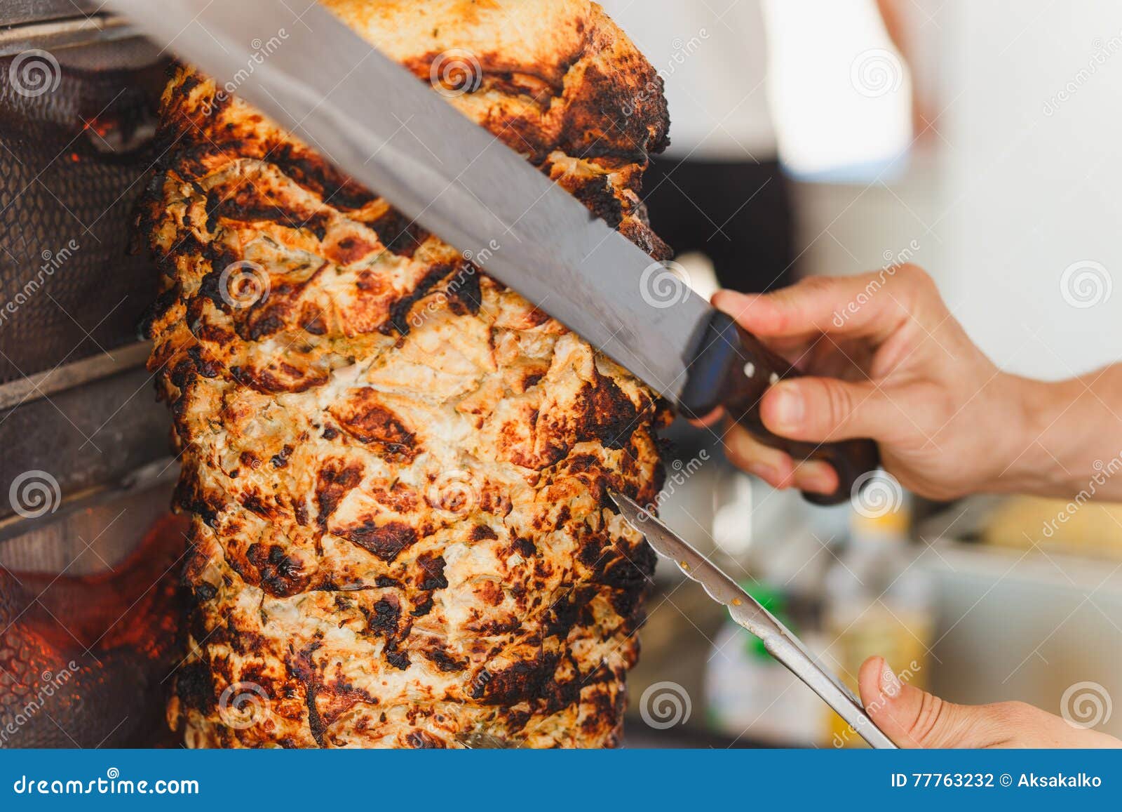Shawarma meat being cut stock photo. Image of gyros, chawarma - 77763232