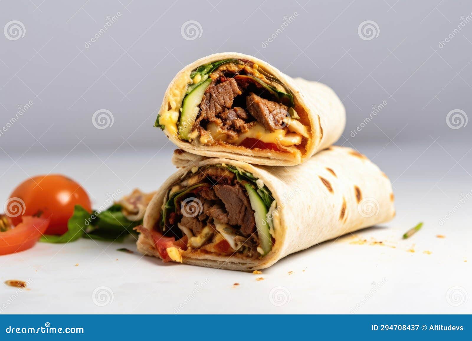 Shawarma Roll with a Bite Taken Placed Against a Neutral Background ...