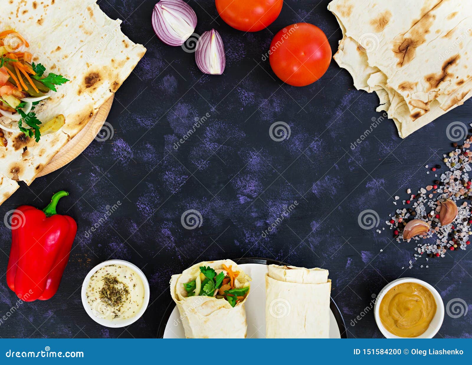 Shawarma Sandwich with Ingredients on Dark Background. Top View Stock ...