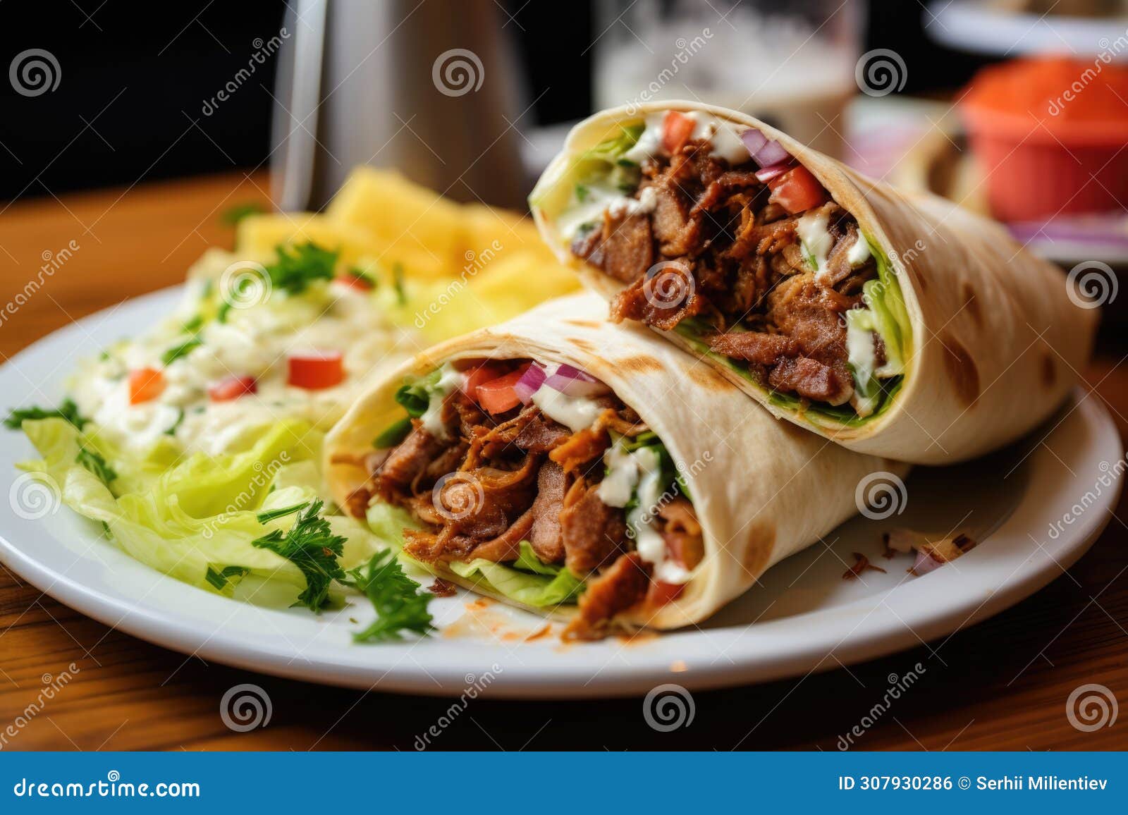 Shawarma Sandwiches, Fresh Chicken Beef Roll. Kebab on White Plate ...