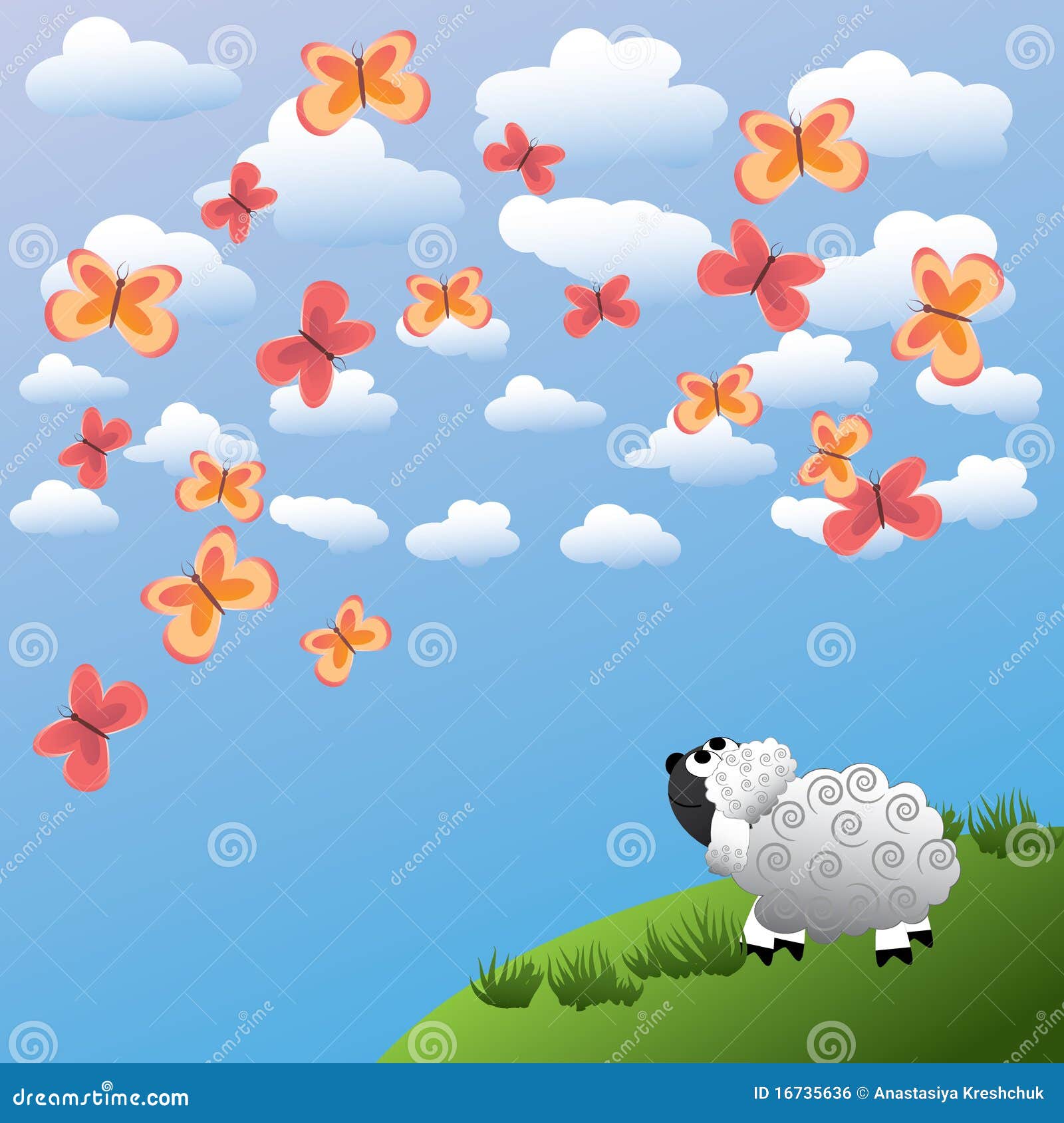 Sheep and butterfly stock vector. Illustration of hills - 16735636