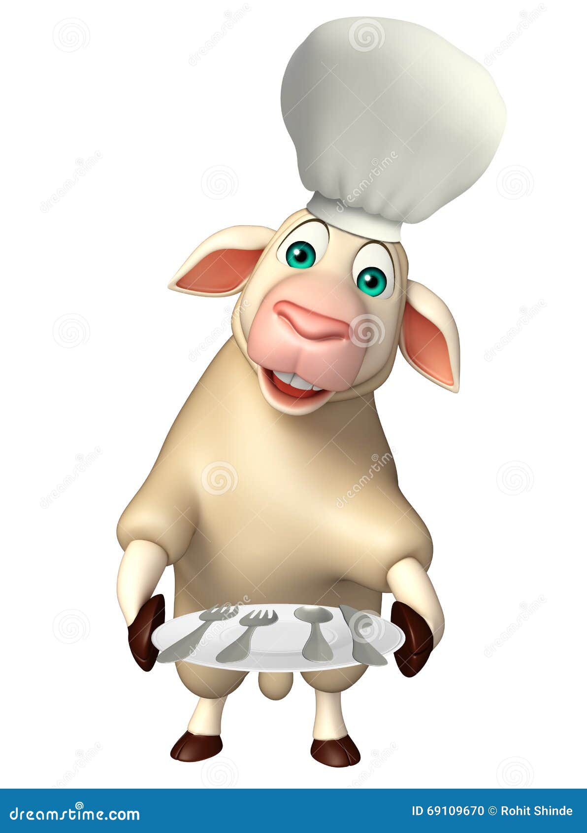 Sheep Cartoon Character with Chef Hat and Dinner Plate Stock ...