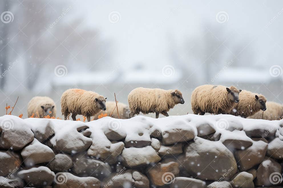 Sheep Cluster by Stone Wall during Snowfall Stock Photo - Image of ...