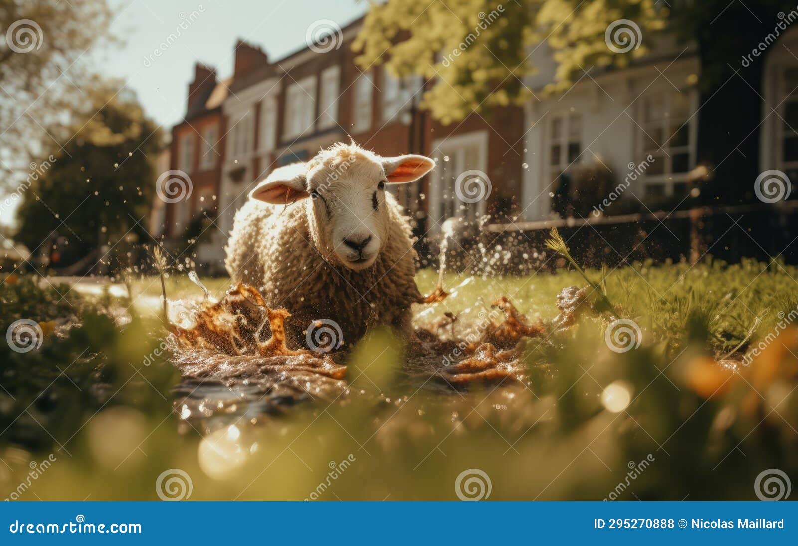 Sheep Cooling Off with a Delightful Bath in a Puddle Stock Illustration ...