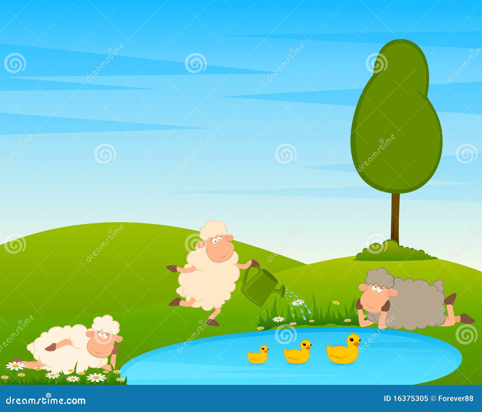 Sheep on Country Landscape with Tree and Lake. Stock Illustration ...