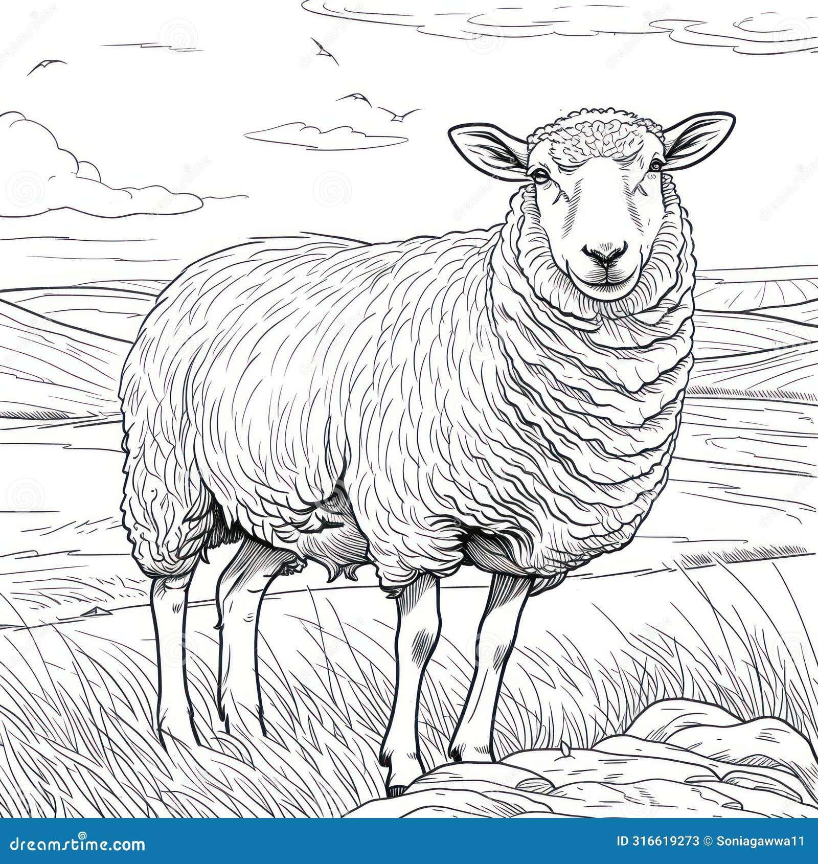 Sheep Drawing Coloring Book Page Stock Illustration - Illustration of ...