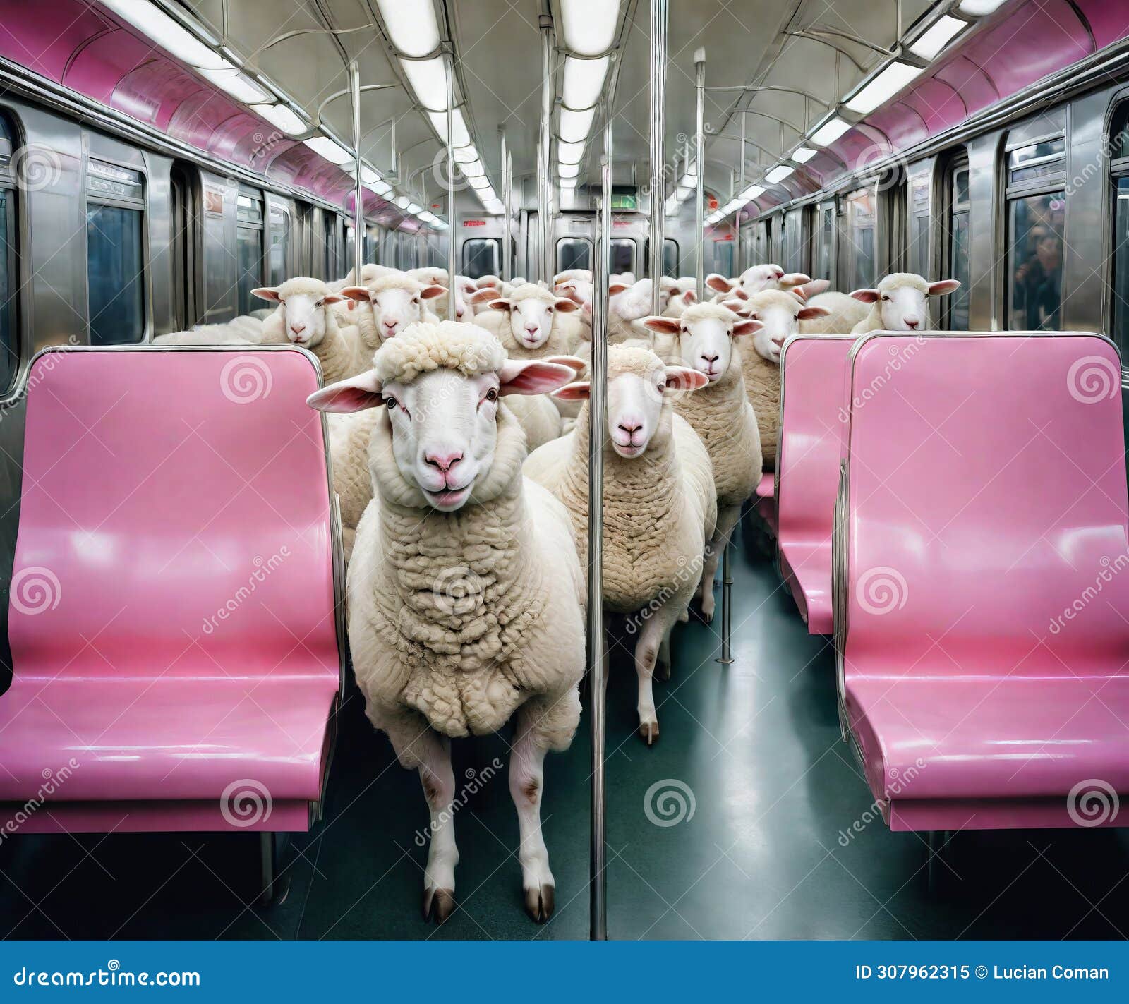 Sheep Flock in an Underground Subway Train Wagon with Pink Chairs Stock ...